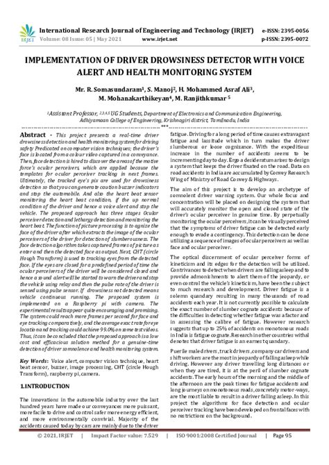 Pdf Irjet Implementation Of Driver Drowsiness Detector With Voice Alert And Health Monitoring