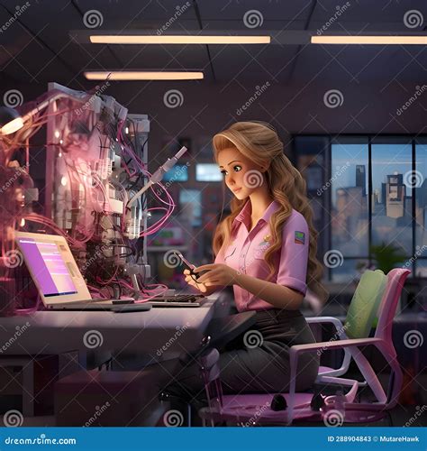 Young With Long Brown Hair Barbie In Front Of A Computer At Work Stock