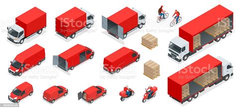 아이소메트릭 물류 아이콘 다른 교통 배포 차량 배달 요소 설정합니다 화물 수송 흰색 배경에 고립입니다 등측투영법에 대한 스톡