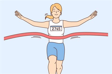 Happy Female Athlete In Uniform Cross Finish Line Celebrate Success Smiling Woman Runner Or