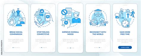 Social Media Detox Reasons Blue Onboarding Mobile App Screen Internet Walkthrough 5 Steps