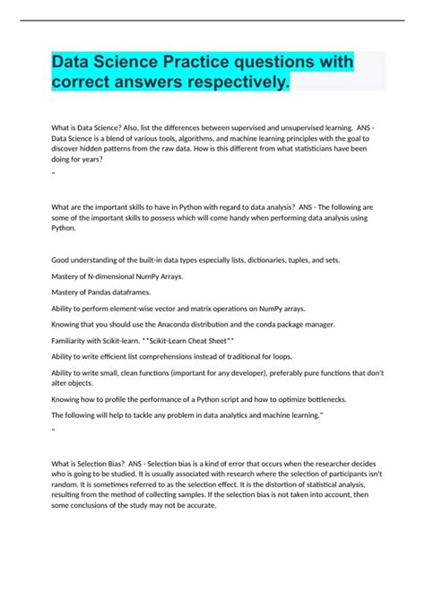 Data Science Practice Questions With Correct Answers Respectively