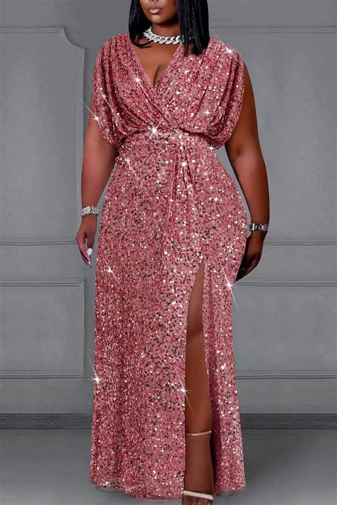 Xpluswear Design Plus Size Formal Gold V Neck Split Sequin Maxi Dresses