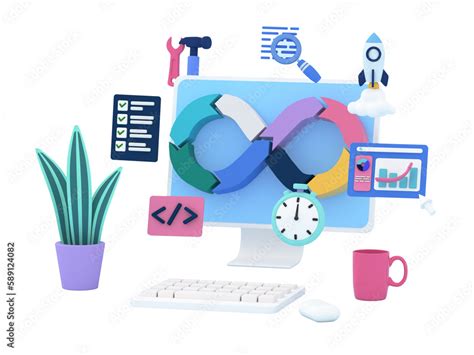 Devops Concept Illustration Abstract Web Screen For Software Development With Icons Of A Plan