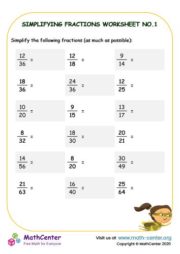 Simplify Fractions Worksheet