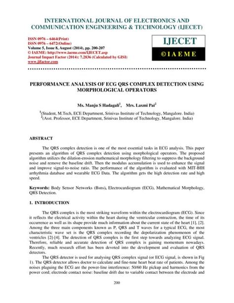 Performance Analysis Of Ecg Qrs Complex Detection Using Morphological Operators Pdf