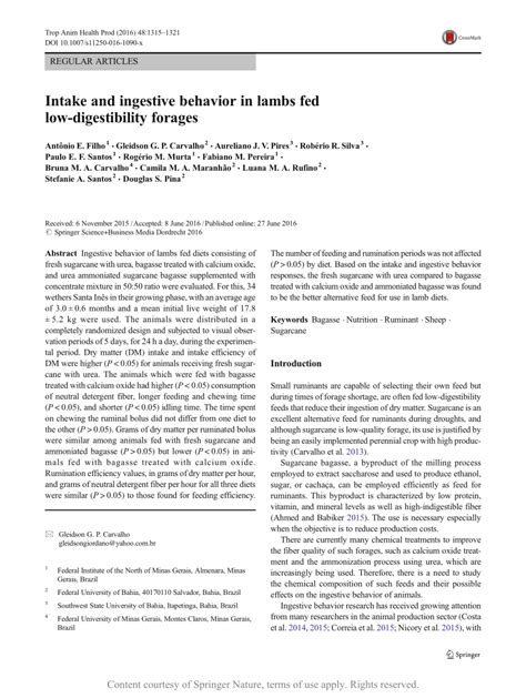 Intake And Ingestive Behavior In Lambs Fed Low Digestibility Forages Request Pdf