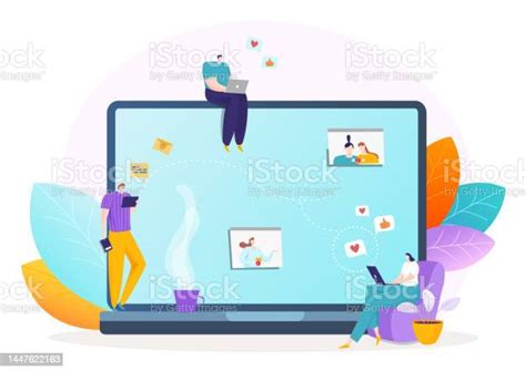 소셜 미디어 개념의 인터넷 메시지 벡터 일러스트레이션 플랫 남자 여자 캐릭터는 노트북 화면에서 네트워크를 사용하고 온라인 통신 Brand Name Online