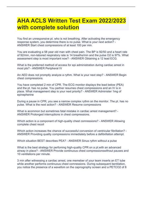 AHA ACLS Written Test Exam 2022 2023 With Complete Solution AHA ACLS Written Stuvia US
