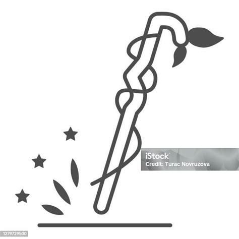 매직 스태프 씬 라인 아이콘 할로윈 컨셉 지팡이 스틱 흰색 배경에 나뭇잎 사인 모바일 컨셉 과 웹 디자인을위한 윤곽 스타일 마법사 직원 아이콘 벡터 그래픽 지팡이에 대한