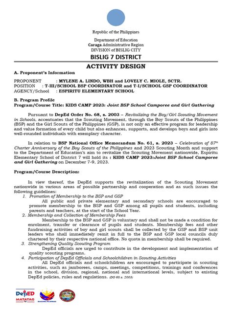 School Activity Design Joint Bsp Gsp 2023 Pdf Scouting Youth