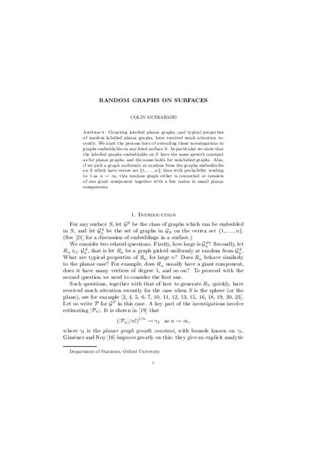 Pdf Random Graphs On Surfaces Colin Mcdiarmid