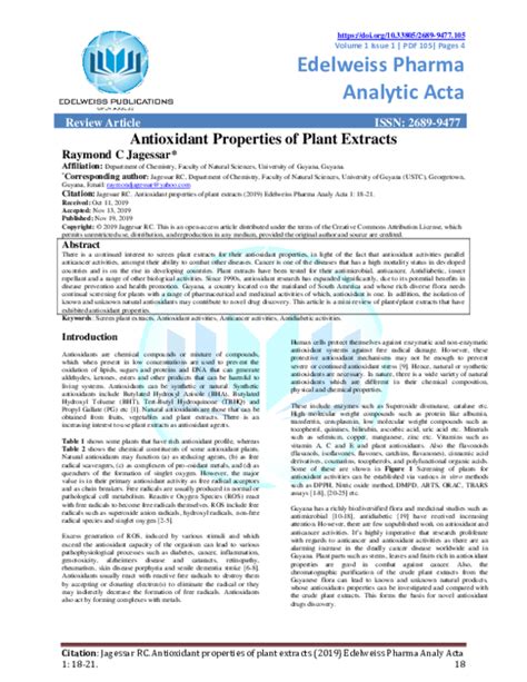 Pdf Antioxidant Properties Of Plant Extracts