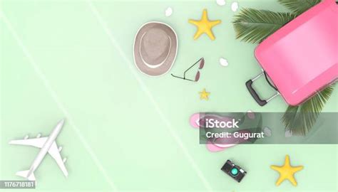 플랫 레이 핑크 가방과 선글라스 내추럴 그린 배경에 수하물 가방 및 비행기 현대 미술 액세서리와 배낭 여름 잎 휴가 휴가 여행 해변 3d 렌더링 3차원 형태에 대한 스톡