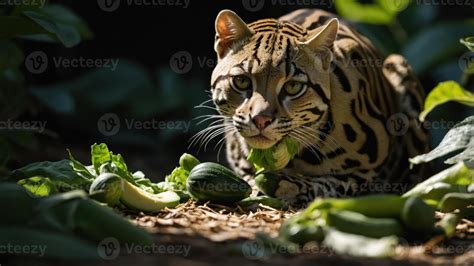 a wild cat likely an ocelot munching on vegetables in a lush