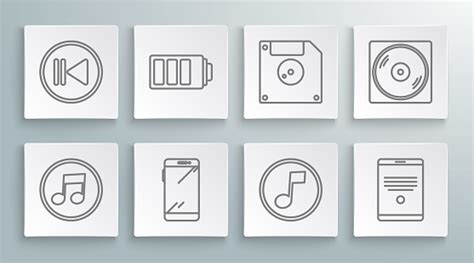 설정 라인 음악 음표 톤 배터리 충전 수준 표시기 스마트폰 휴대폰 태블릿 컴퓨터 데이터 저장용 플로피 디스크 비닐 및 되감기 아이콘 벡터 Brand Name Smart