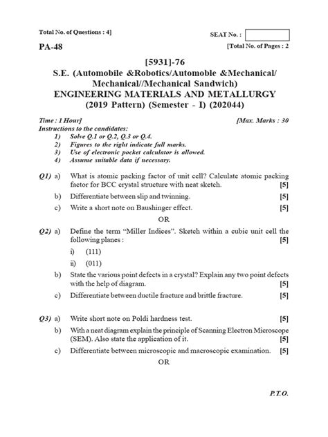 Emm Insem Question Paper Pdf Crystal Structure Materials Science