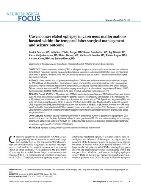 Pdf Cavernoma Related Epilepsy In Cavernous Malformations Located