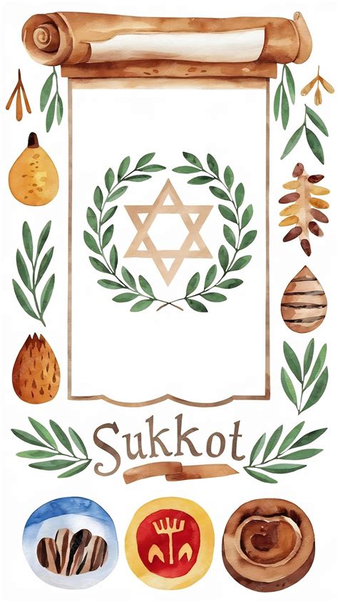 Sukkot Banner Template With Blank Torah Scroll And Symbols Watercolor