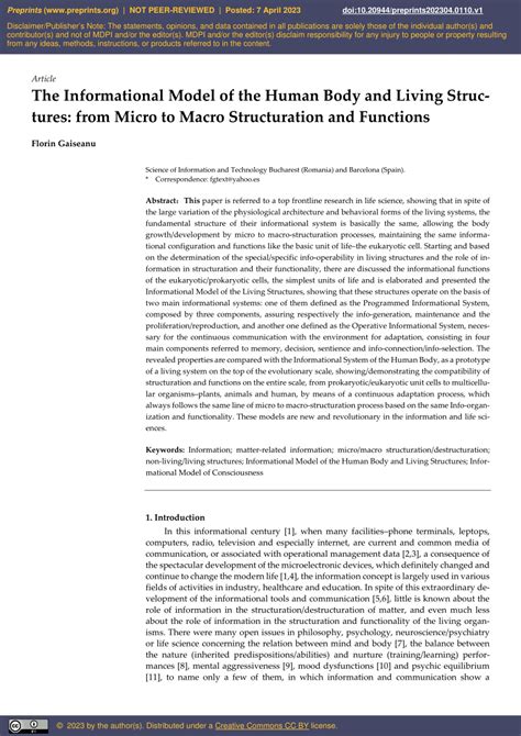Pdf The Informational Model Of The Human Body And Living Structures