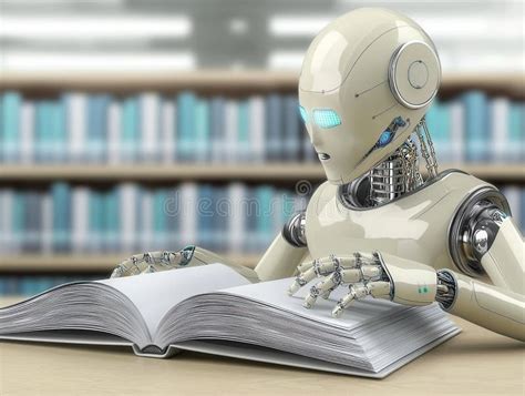 Humanoid Robot Reading Book In Library Exploring Artificial Intelligence Stock Image Image Of