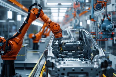 On Modern Automobile Production High Tech Assembly Line Robots