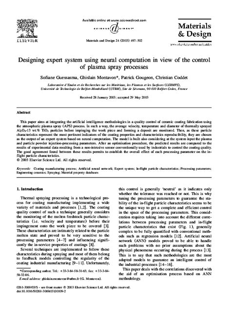 Pdf Designing Expert System Using Neural Computation In View Of The Control Of Plasma Spray