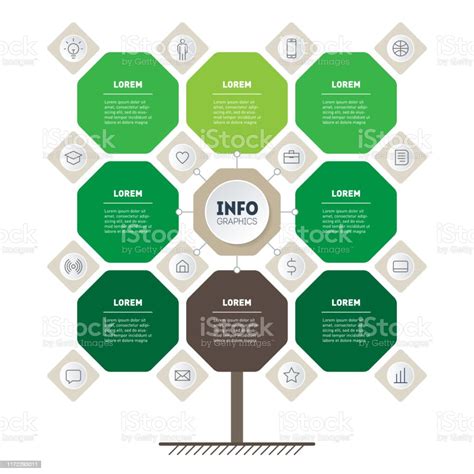 8 개의 옵션과 16 개의 아이콘이있는 수직 에코 비즈니스 프리젠 테이션 개념 8 점 기술 또는 교육 프로세스의 벡터 인포 그래픽 트리 정보 차트 또는 다이어그램의 웹