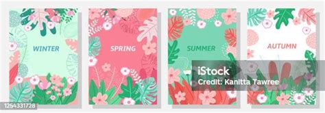 벡터 세트 꽃 배경 자연 배경 사계절 템플릿 배너 표지 템플릿 엽서 가을에 대한 스톡 벡터 아트 및 기타 이미지 가을 겨울 계절 Istock