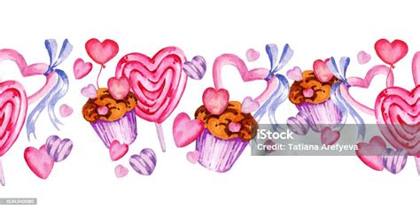 발렌타인 데이 테마의 수채화 테두리가 다른 하트 사탕 과자 머핀 손으로 그리는 그림 흰색 배경에 분홍색과 라일락 색 프레임 결혼식에 대한 스톡 벡터 아트 및 기타 이미지