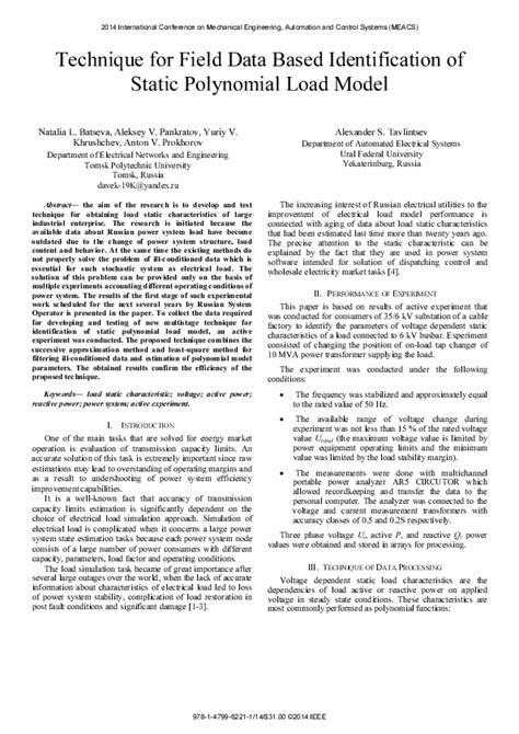 Pdf Technique For Field Data Based Identification Of Static Polynomial Load Model