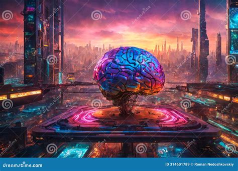 Giant Illuminated Fantastic Brain Shaped Chip On The Computer Motherboard Stock Illustration