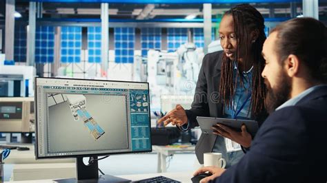 Photovoltaics Factory Coworkers Brainstorming Adjusting System Parameters Stock Image Image