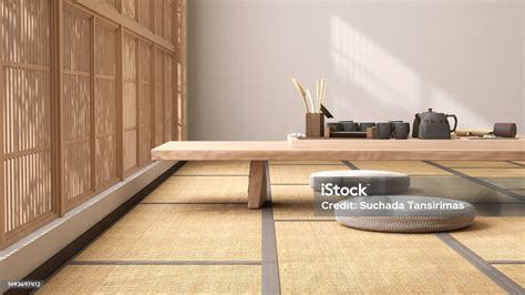 나무 Chabudai 전통적인 일본 짧은 다리 테이블 둥근 Pouf 좌석 검은 세라믹 찻 주전자 컵 햇빛에 Shoji 창 흰 벽 일본 문화에 대한 스톡 사진 및 기타 이미지