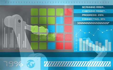 Industrial Robotic Arm Is Showing Translucent Hud Overlay With Grid Charts And Bars In Flat