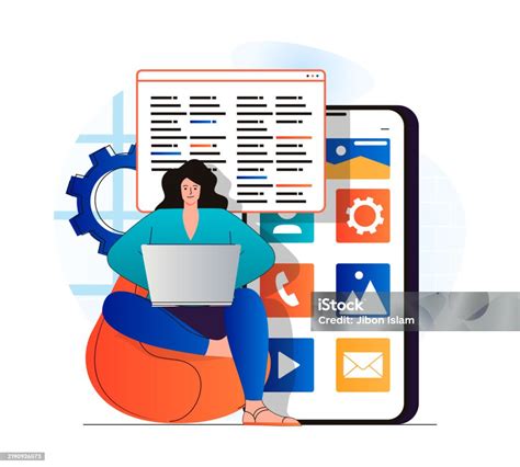 App Development Concept In Modern Flat Design Woman Developer Works On Laptop Coding Code