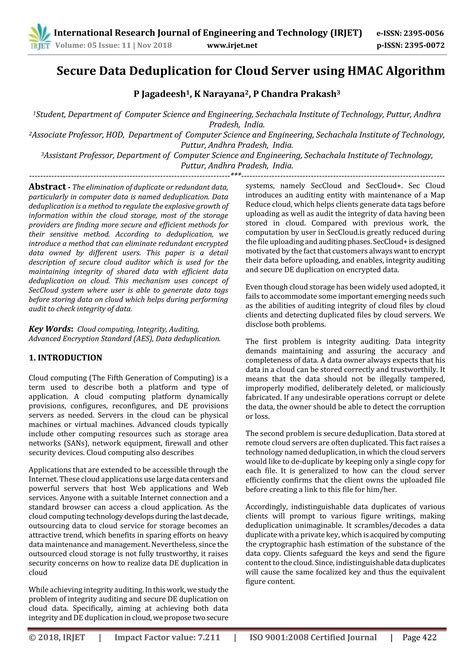 Irjet Secure Data Deduplication For Cloud Server Using Hmac Algorithm