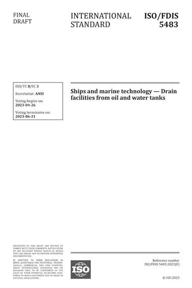 ISO FDIS 5483 2023 Ships And Marine Technology Drain Facilities From Oil And Water Tanks