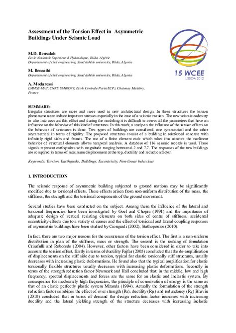 Pdf Assessment Of The Torsion Effect In Asymmetric Buildings Under