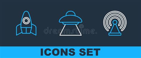 Set Line Radar Rocket Ship And Ufo Flying Spaceship Icon Vector Stock Illustration