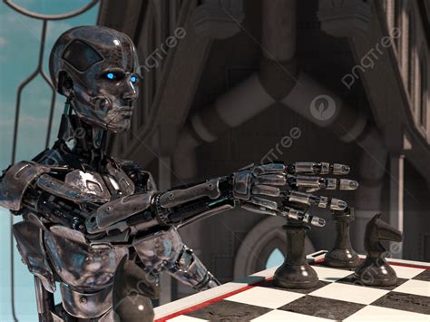 Advanced 3d Illustration Robot Engaged In Chess Game Using Hightech