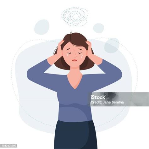 두통 공황 및 우울증으로 고통받는 여성 소녀는 울고 손으로 머리를 잡습니다 벡터 플랫 일러스트 레이 션 개념에 대한 스톡 벡터 아트 및 기타 이미지 Istock