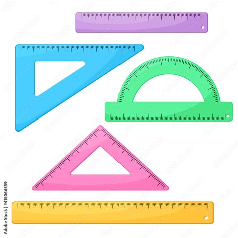 A Set Of Bright Vector Rulers Of Different Shapes Protractor Triangular Rulers Flat Style