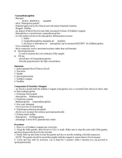 Hemoglobin Determination Cyanmethemoglobin Cyanmethemoglobin