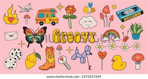 그루비 히피 70s 스티커 세트 최신 스톡 벡터로열티 프리 2191819369 Shutterstock