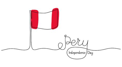 페루 독립 기념일 텍스트 배너 템플릿입니다 편집 가능한 획 손으로 그린 글자 깃발 흰색 빨간색이 있는 하나의 연속 라인 아트 배경입니다 포스터 카드에 대한 타이포그래피를