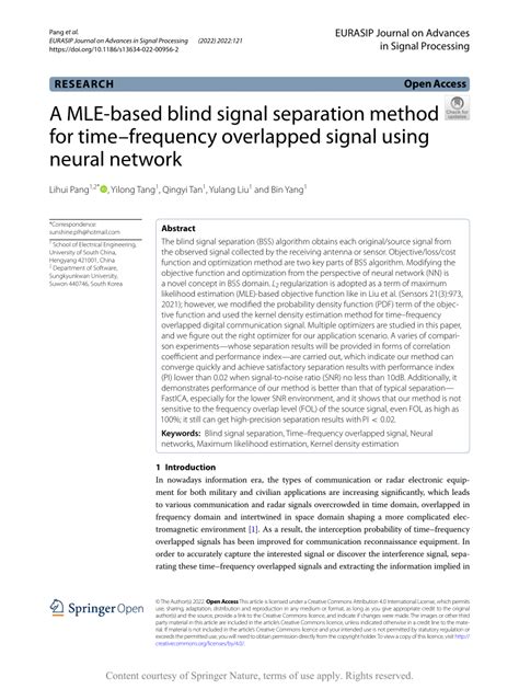 Pdf A Mle Based Blind Signal Separation Method For Timefrequency Overlapped Signal Using