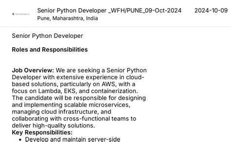 shifali h k on linkedin senior python developer wfh pune 09 oct 2024
