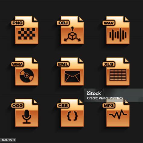 Set Eml File Document Css Mp3 Xls Ogg Wma Wav And Png Icon Vector Stok Vektör Sanatı And Altın