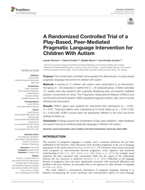 Pdf A Randomized Controlled Trial Of A Play Based Peer Mediated